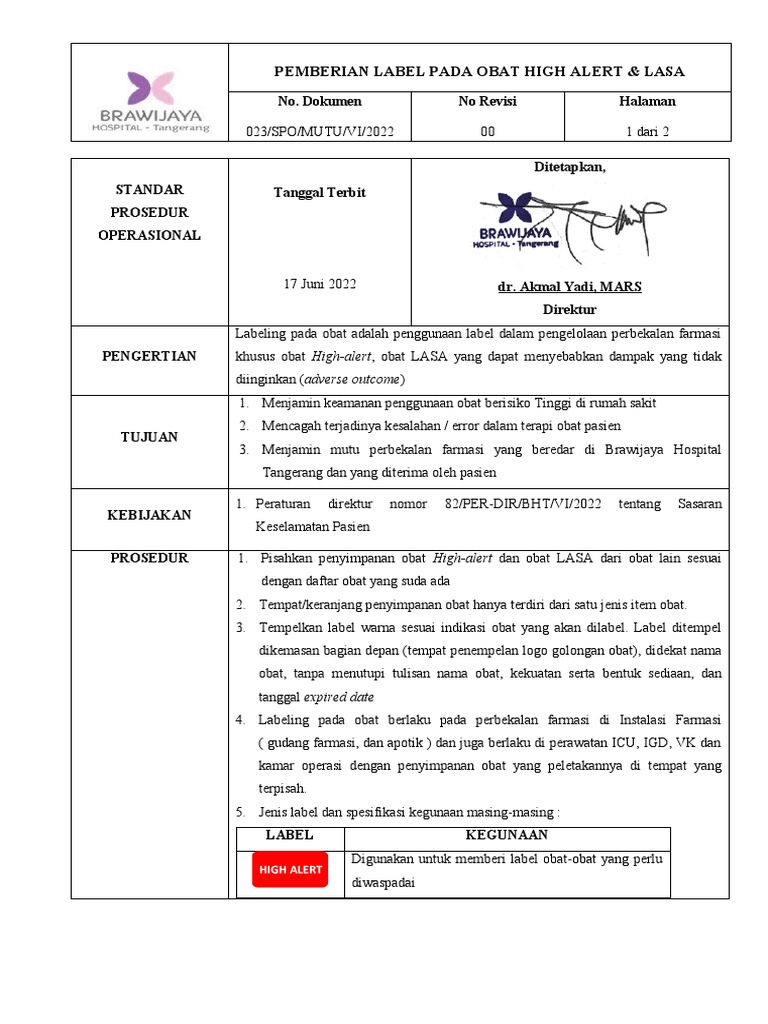 023 Pemberian Label Pada Obat High Alert & Lasa | PDF