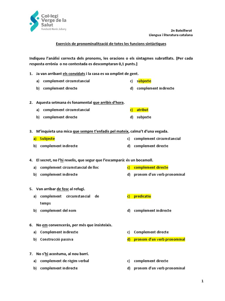 Exercicis PRONOMINALITZACIÓ PAU CATA | PDF