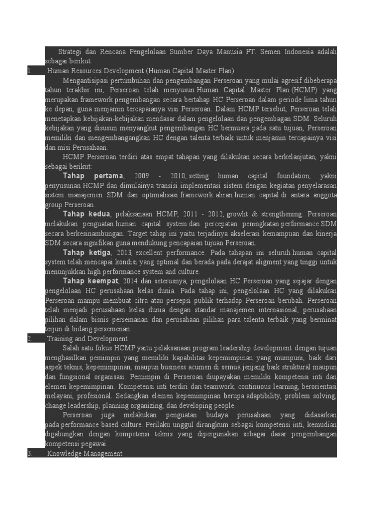 Strategi Dan Rencana Pengelolaan Sumber Daya Manusia PT Semen | PDF | Karier & Perkembangan