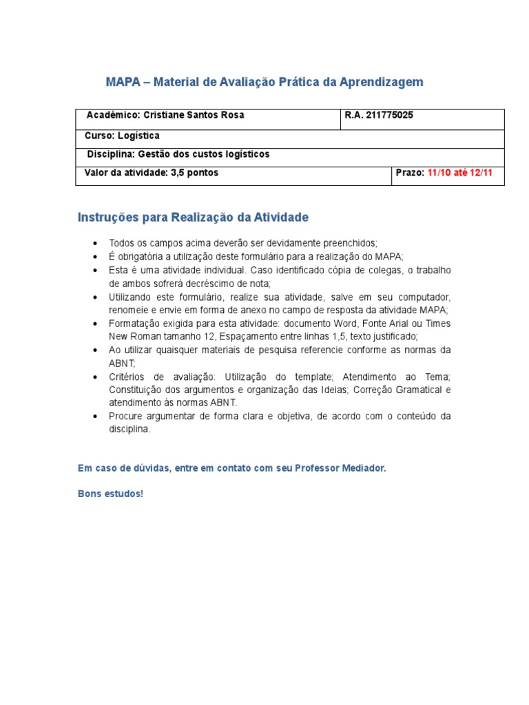 Mapa Gestão Dos Custos Logísticos | PDF | Qualidade (negócios) | Despesa