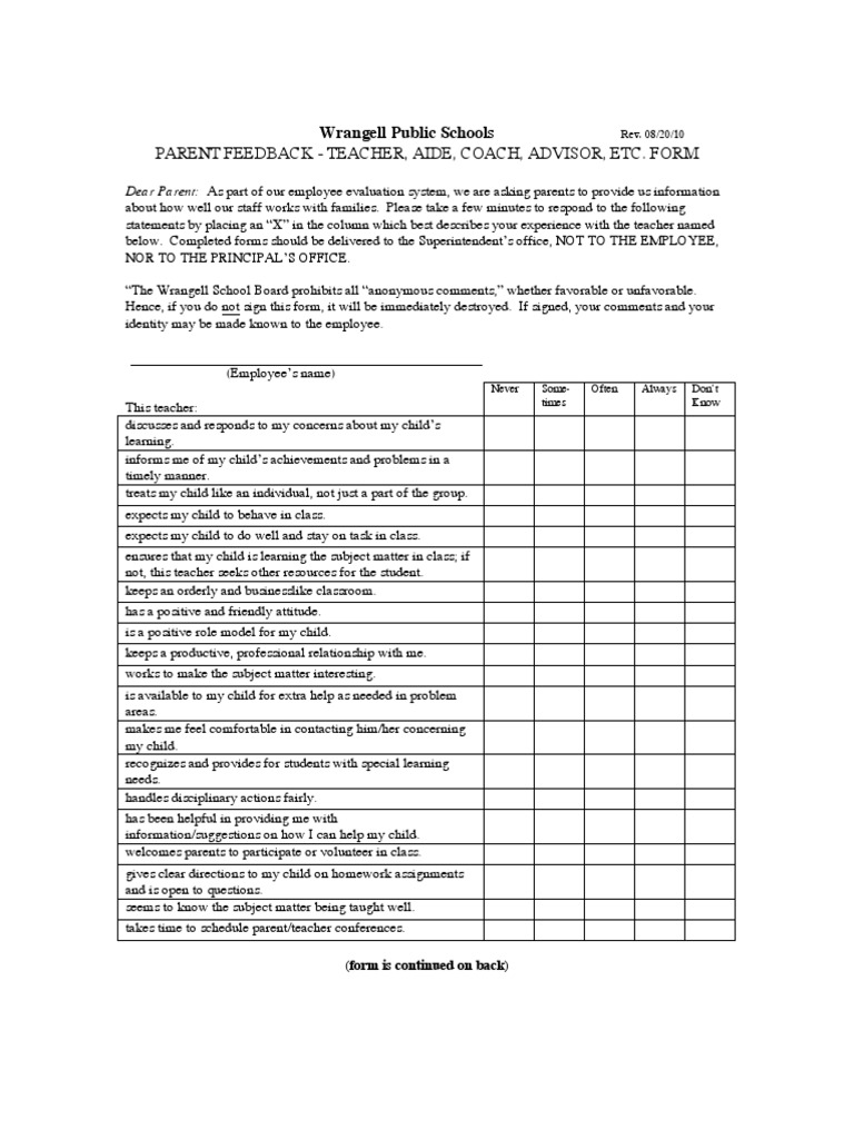 Parent Feedback Form To School | PDF | Teachers | Classroom