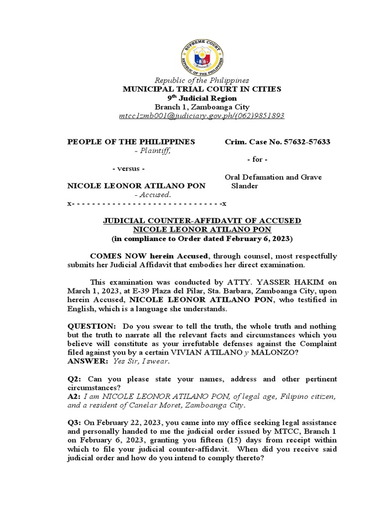 Judicial Counter-Affidavit of Nicole Leonor Atilano Pon | PDF ... Judicial Counter-Affidavit of Nicole Leonor Atilano Pon | PDF ...