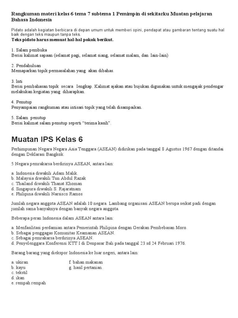 Rangkuman Materi Kelas 6 Tema 7 Subtema 1 Pemimpin Di Sekitarku Muatan Pelajaran Bahasa ...