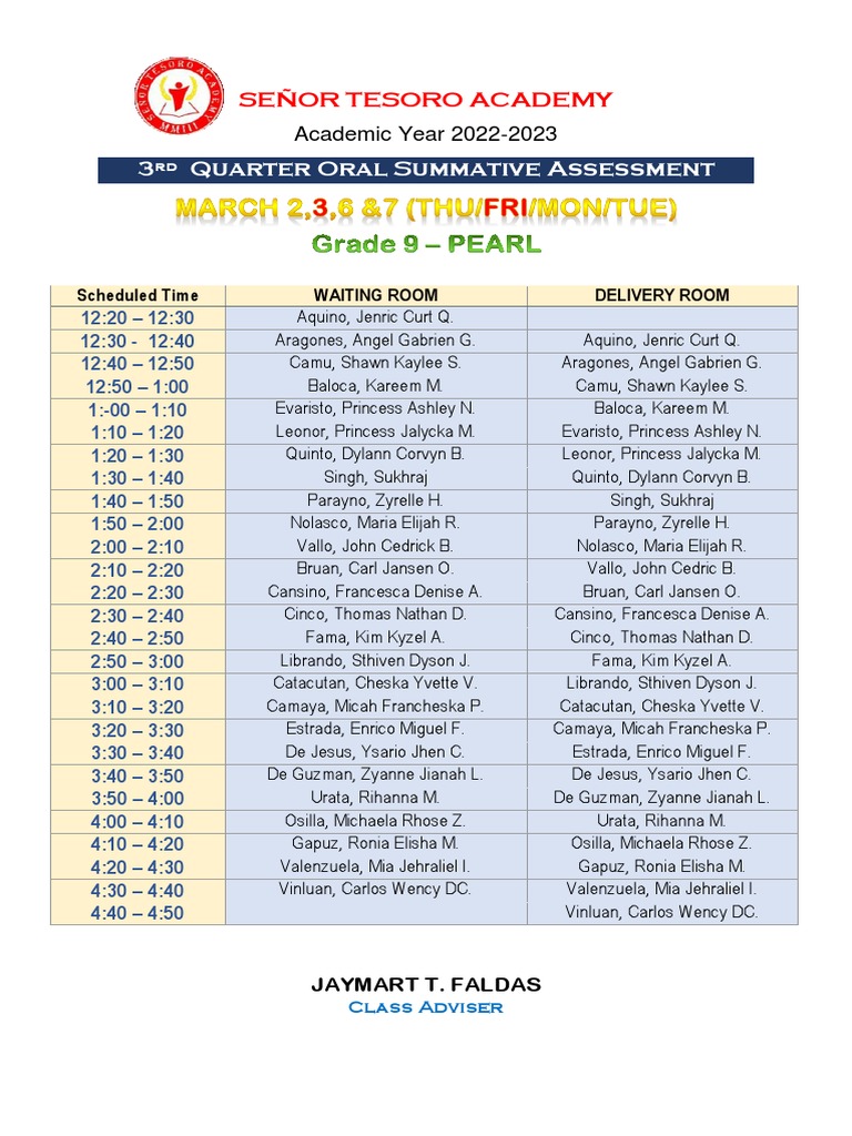 3rdQOSA G9 Schedule | PDF