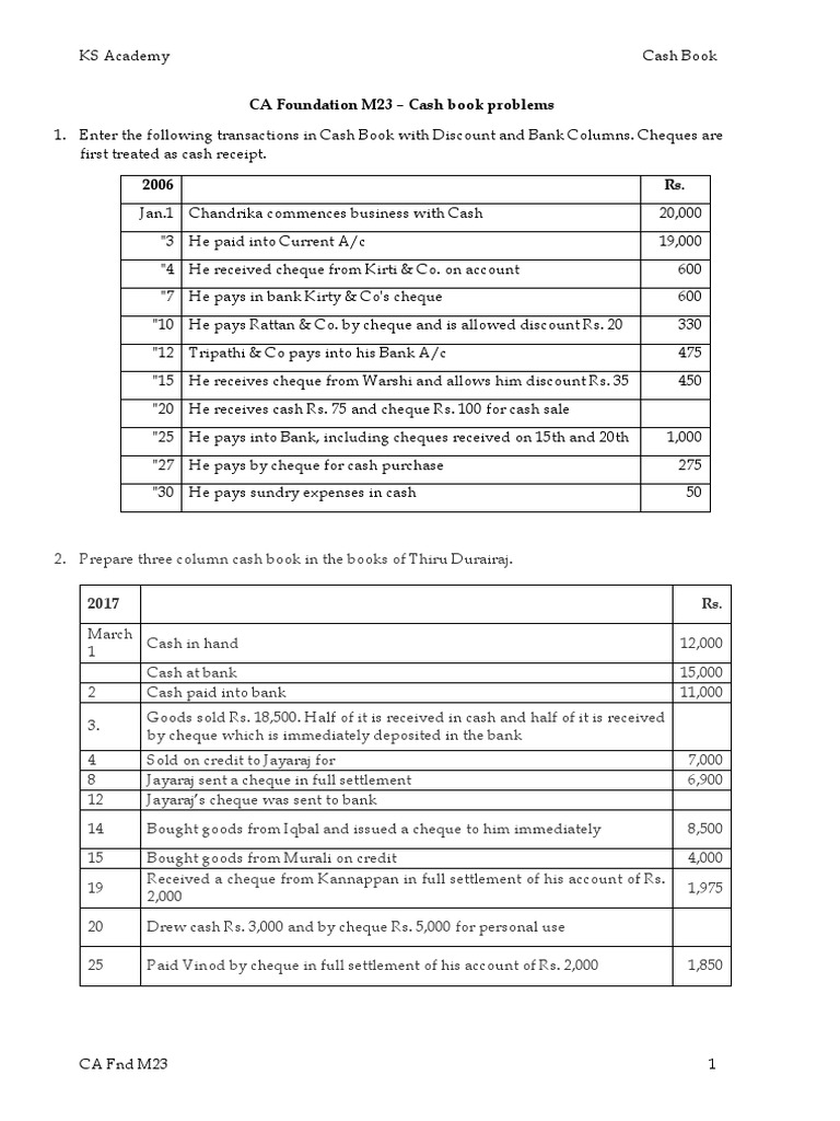 CA FND M23 - Cash Book Questions | PDF | Cheque | Banks