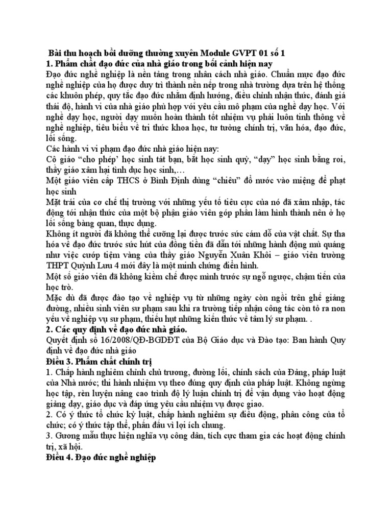 Bài thu hoạch bồi dưỡng thường xuyên Module GVPT 01 số 1 | PDF