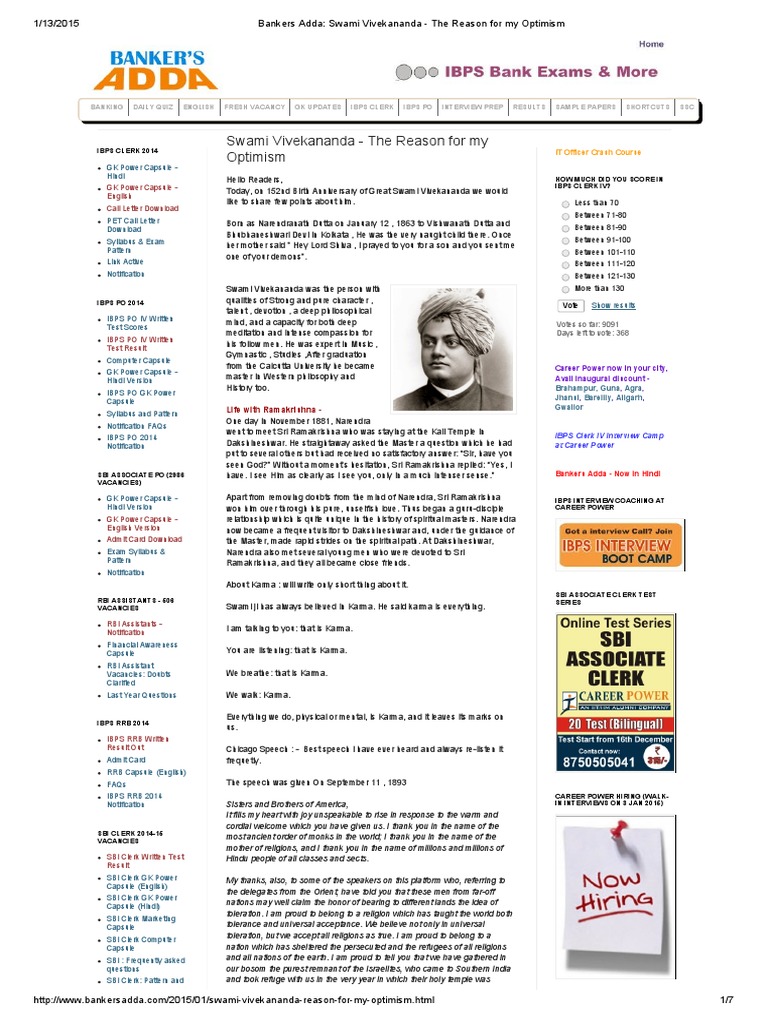 Bankers Adda - Swami Vivekananda - The Reason For My Optimism | PDF ...