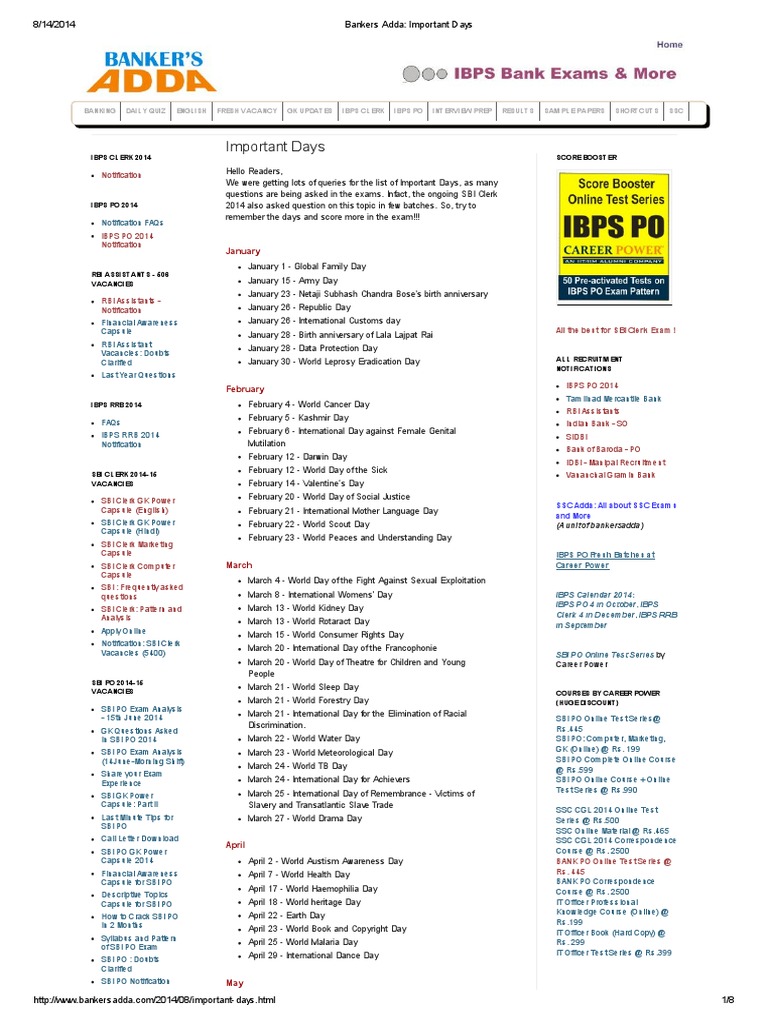 Bankers Adda - Important Days | PDF