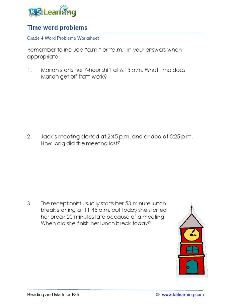 Grade 4 Time Word Problems Worksheet | PDF