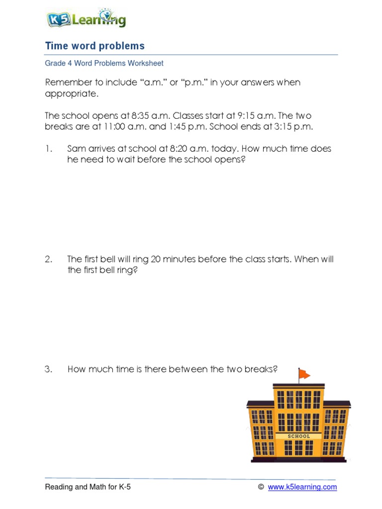 Determining Time Intervals for a School Day: Word Problems for Grade 4 ...