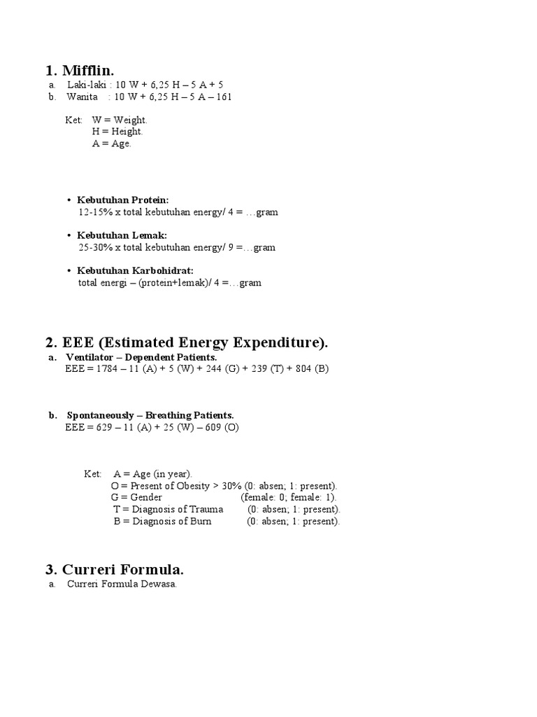 Rumus Mifflin dan Curreri Kebutuhan Gizi | PDF