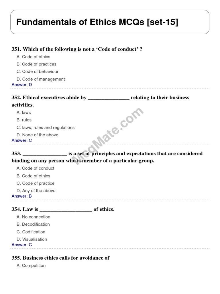 Business Ethics MCQs and Answers | PDF | Business Ethics | Morality