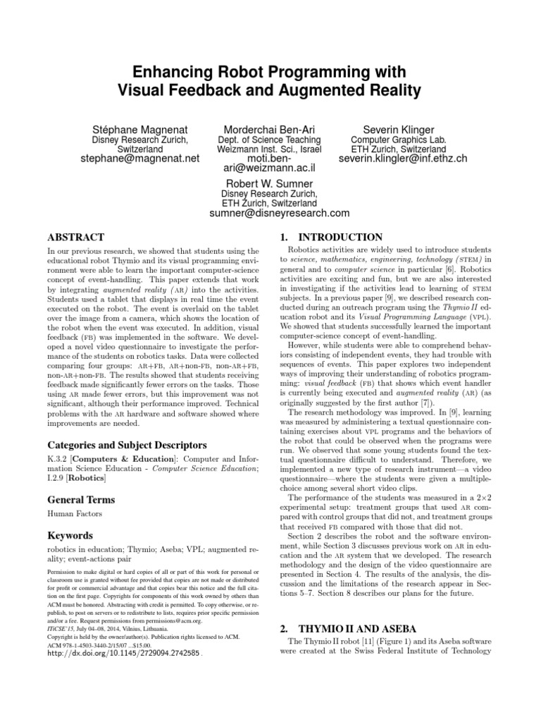 Enhancing Robot Programming With Visual Feedback and Augmented Reality 2 | PDF | Augmented ...
