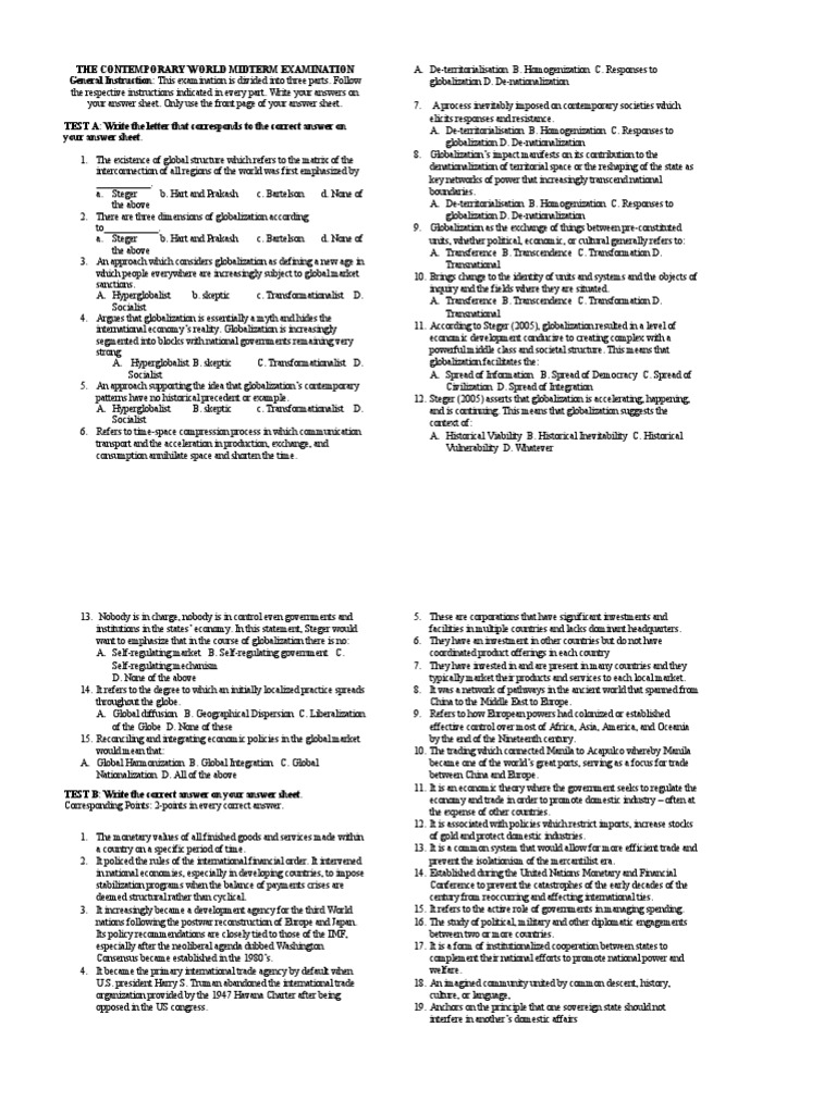 THE CONTEMPORARY WORLD Midterm Exam | PDF | Globalization | Economies