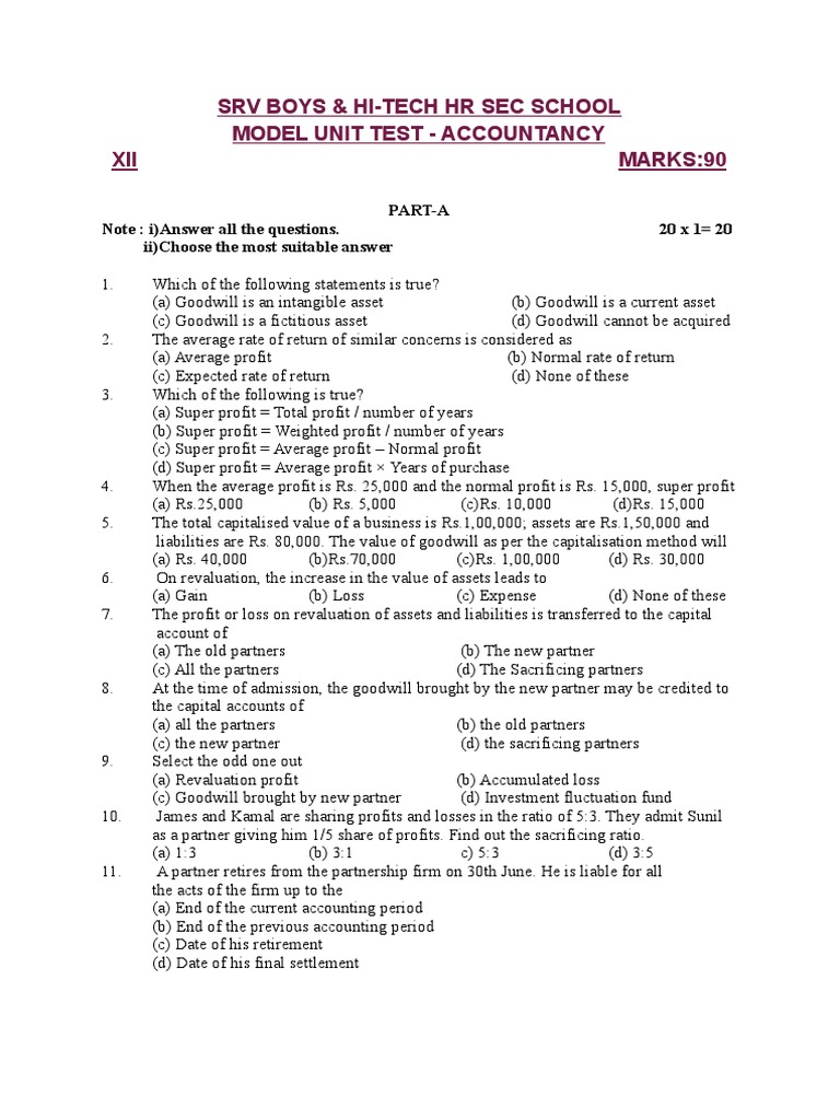 Accountancy Model Unit Test - 2 | PDF | Goodwill (Accounting) | Balance ...
