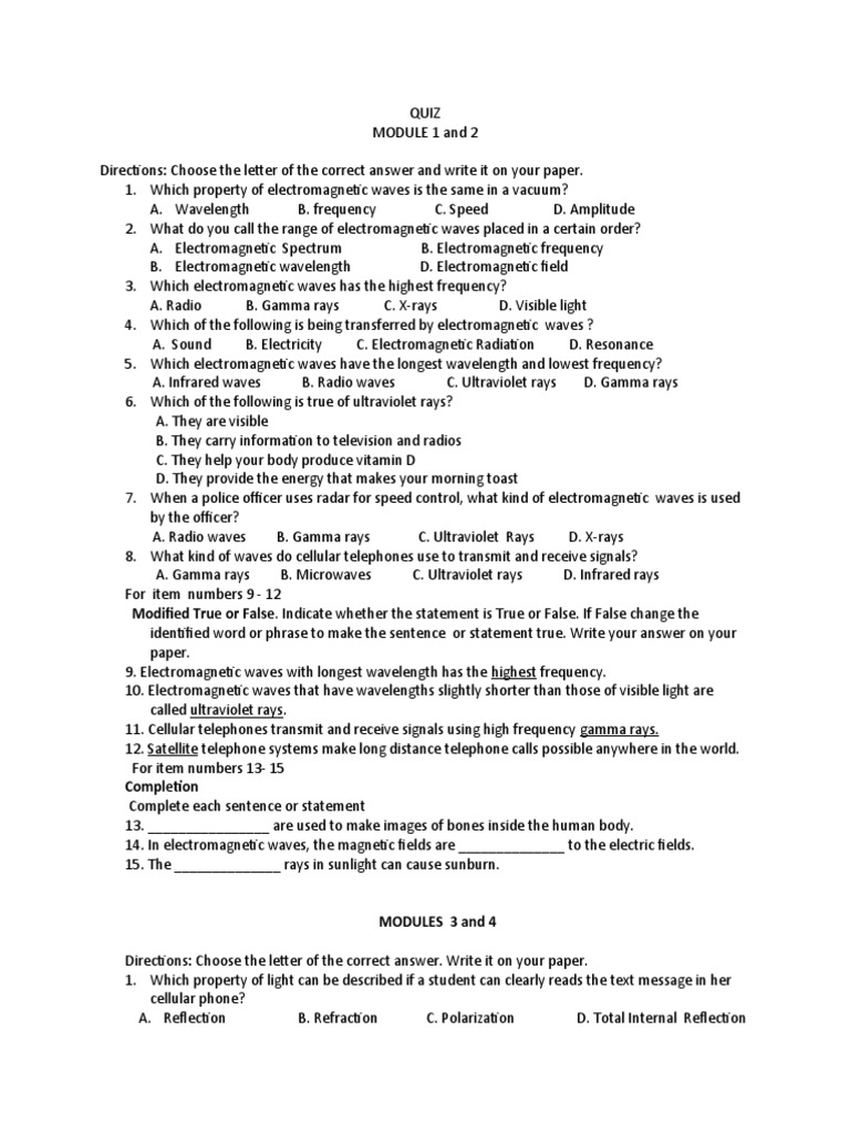 QUIZ On Modules 1 4 | Download Free PDF | Electromagnetic Radiation | Waves