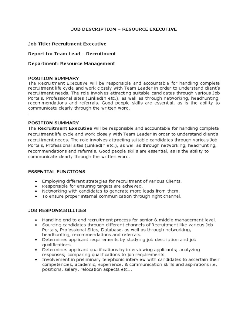 Job Description - Recruitment Executive | PDF | Recruitment | Business