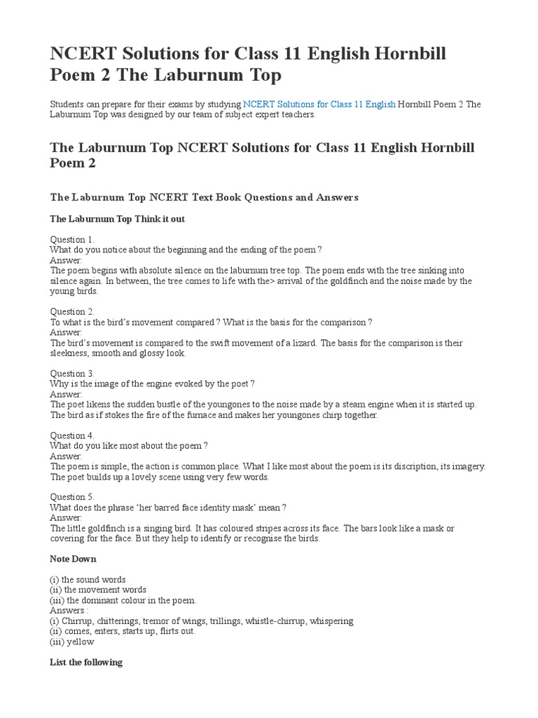 NCERT Solutions For Class 11 English Hornbill Poem 2 The Laburnum Top | PDF