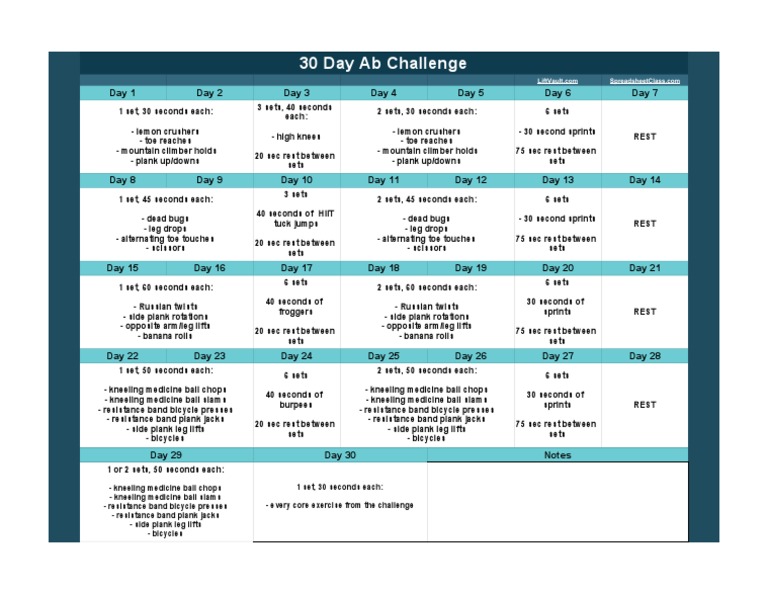 30 Day Ab Challenge Printable Calendar LiftVault - Com 30 Day Squat ...