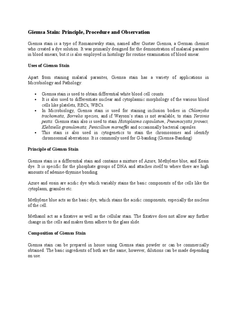 Giemsa Stain | PDF | Staining | White Blood Cell