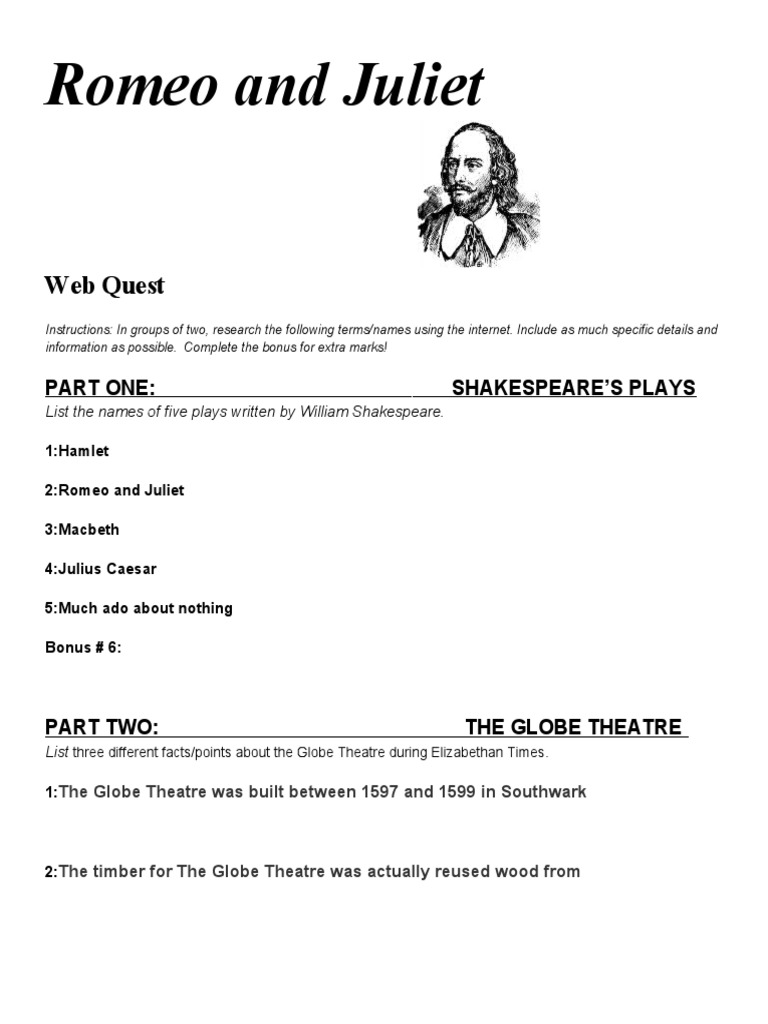 Romeo and Juliet Pre-Reading Webquest | PDF | Characters In Romeo And ...