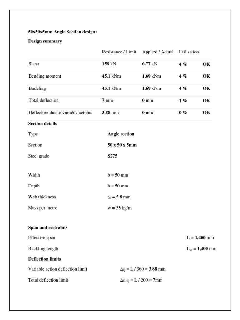 50x50x5mm Angle Section Design Summary | PDF | Buckling | Bending
