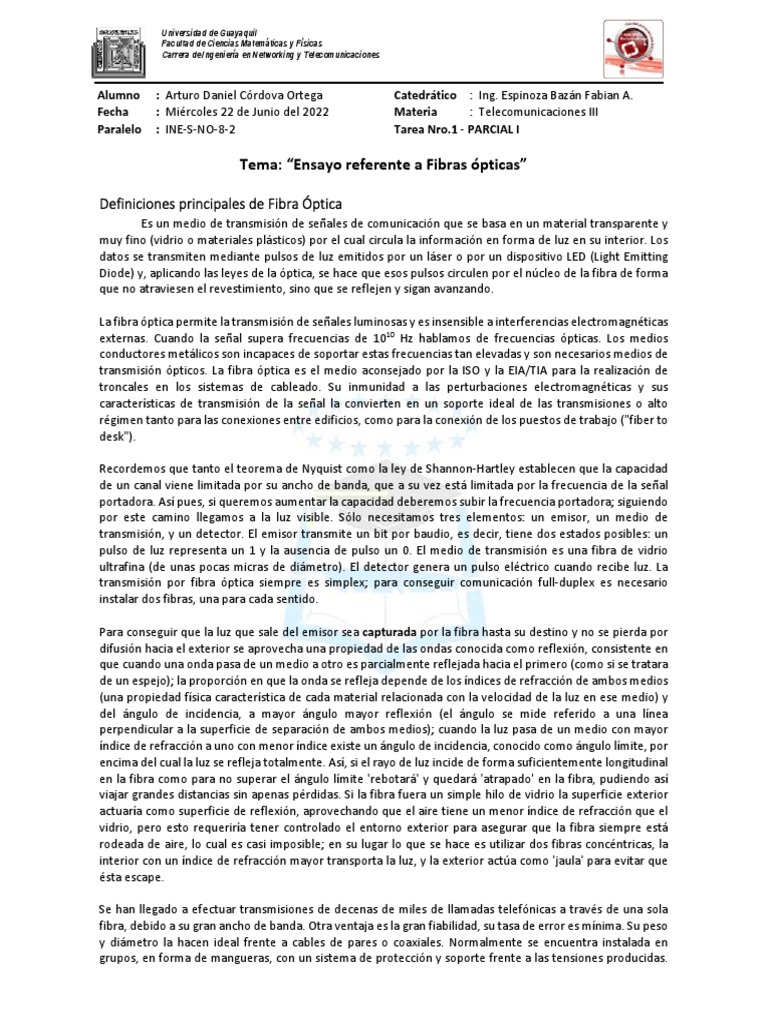 1p.tarea Nro. 1 (Ensayo Fibras Ópticas) | PDF | Fibra óptica | Ligero