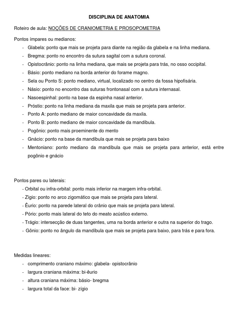 Noções de Craniometria e Prosopometria | PDF | Crânio | Cabeça e ...