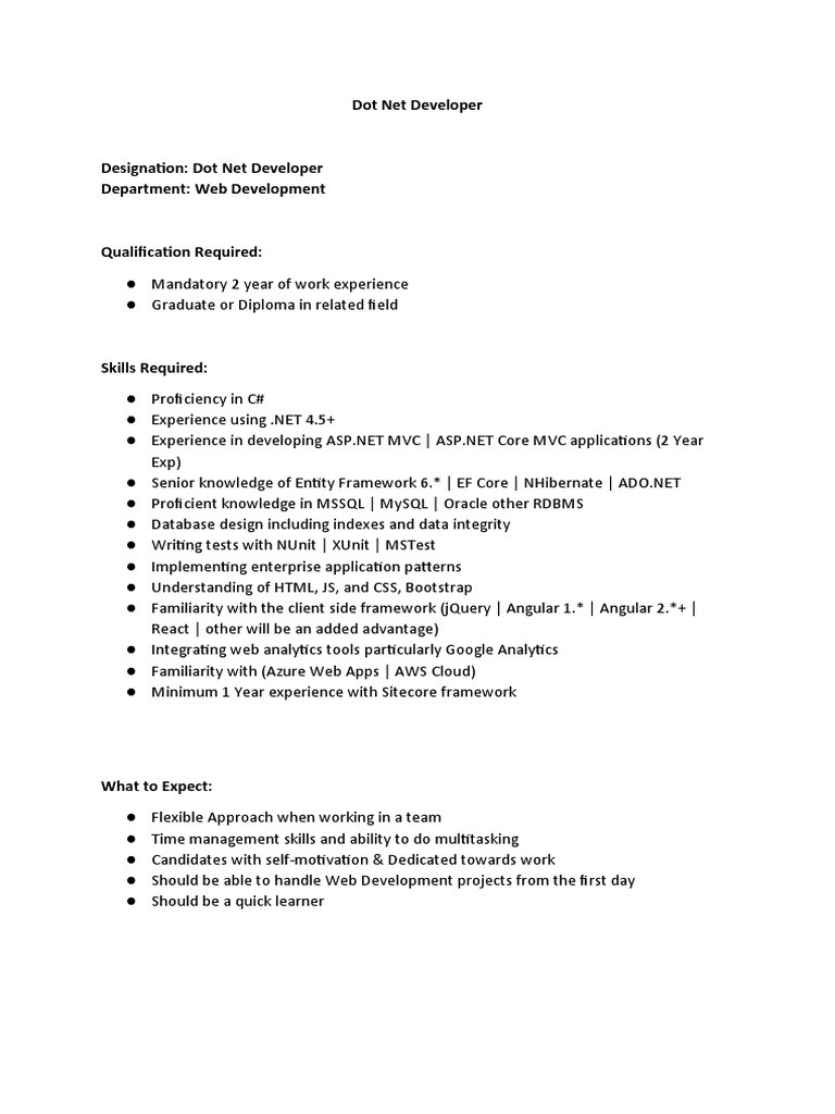 Dot Net Developer | PDF | Business