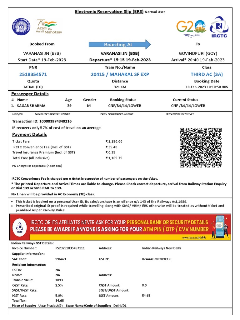 Train Ticket 19 Feb 2023 | PDF | Identity Document