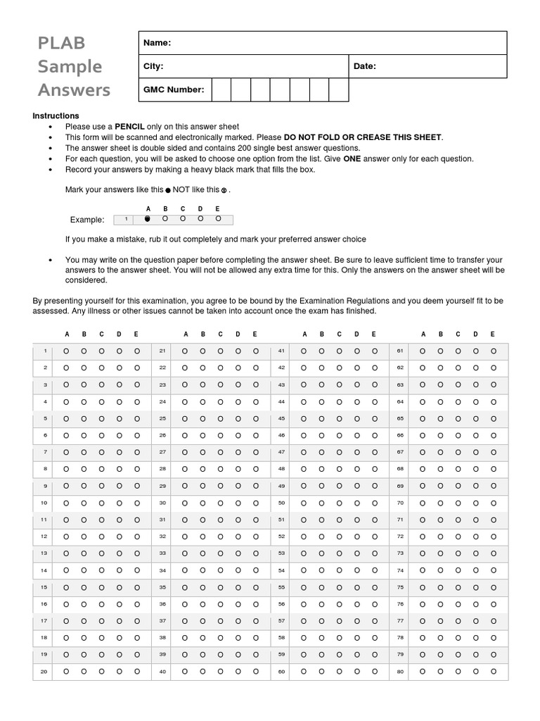 Plab Sample Answer Sheet Plab Resources | PDF