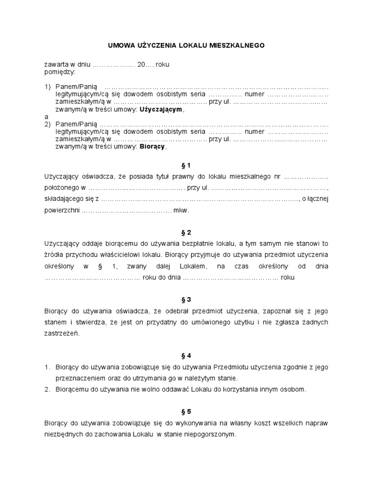 Umowa Użyczenia Lokalu Mieszkalnego | PDF