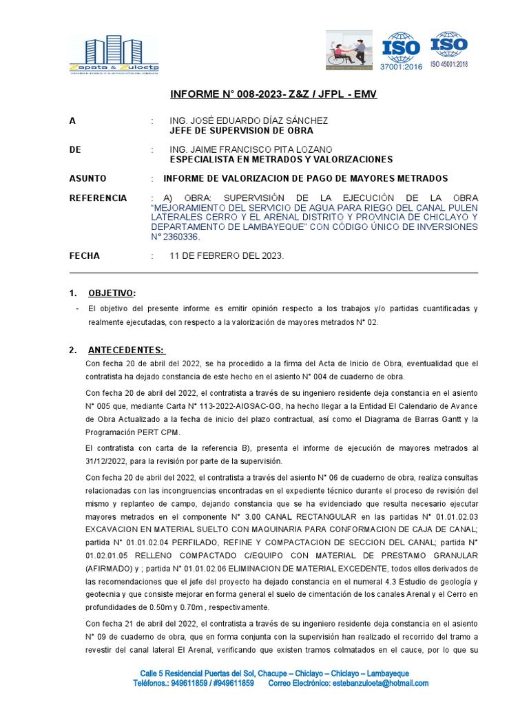 INFORME ESPEC. DE METRADO Y VALORIZ. - PAGO de MAYORES METRADOS #02 - SET. 2023 | Descargar ...