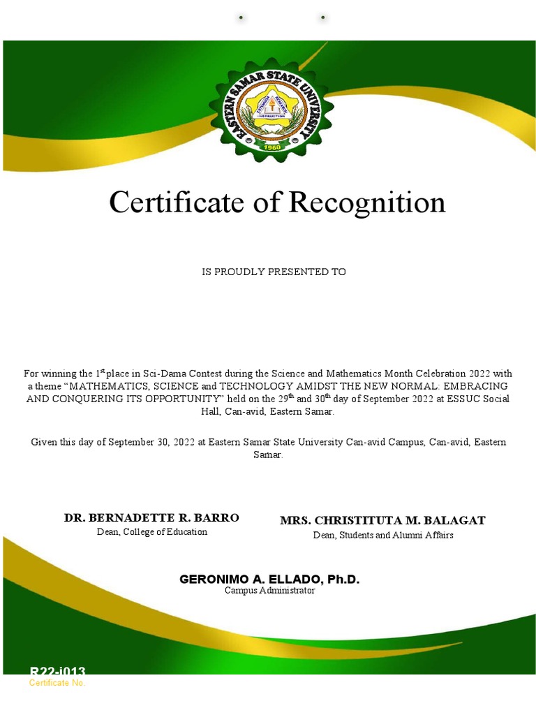 Certificate of Recognition Final | PDF | Doctor Of Philosophy | Science