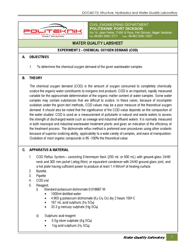 Exp 2 - Chemical Oxygen Demand - Cod | PDF | Chemical Compounds ...