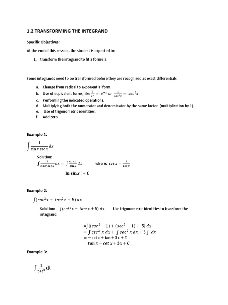 Module 1.2 - Transforming The Integrand | PDF | Trigonometric Functions | Integral