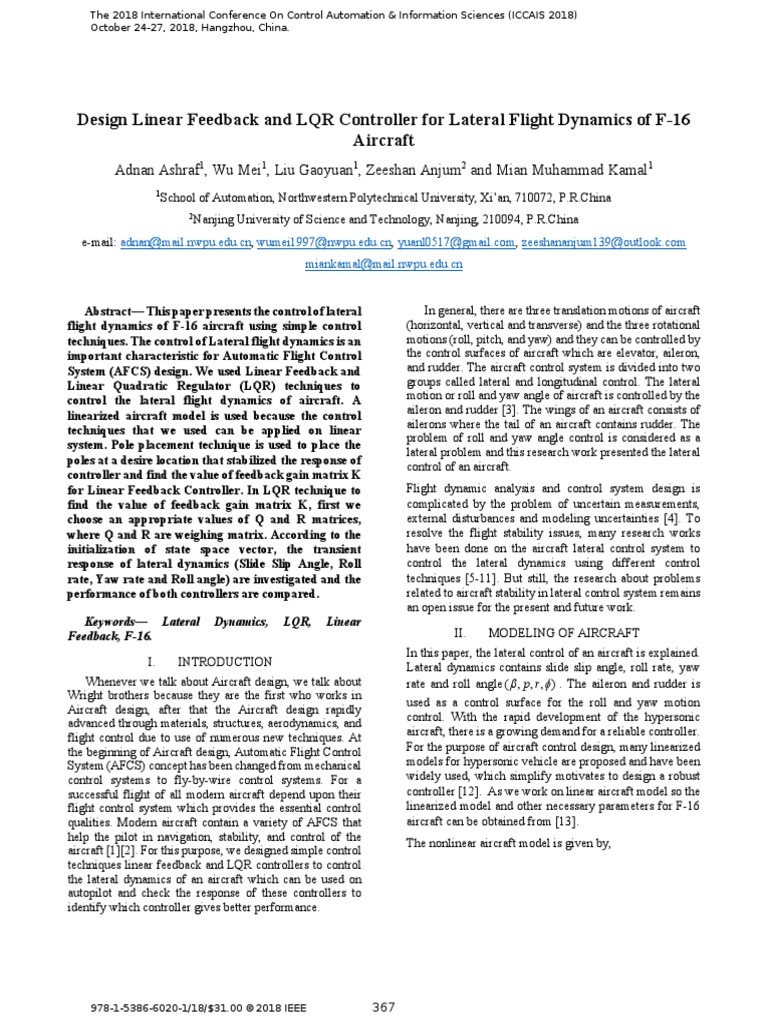 Design Linear Feedback and LQR Controller For Lateral Flight Dynamics ...
