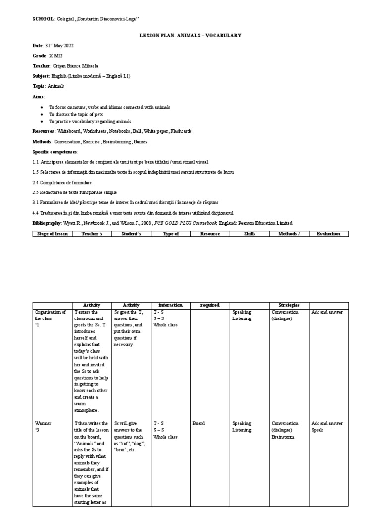 Animal Vocabulary Lesson Plan | PDF | Lesson Plan | Cognition