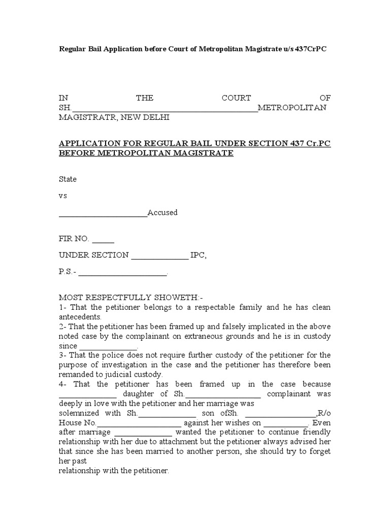 Regular Bail Application Under 437 CrPC | PDF | Law