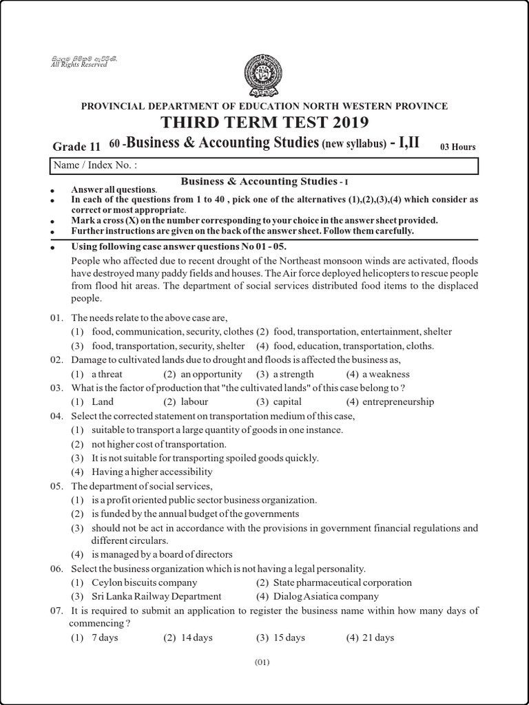 Grade 10 Business and Accounting Studies 3rd Term Test Paper 2019 ...