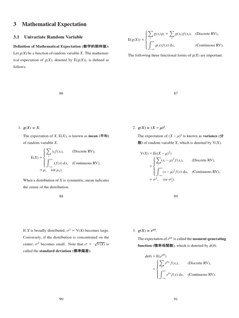 3 Mathematical Expectation: 3.1 Univariate Random Variable | PDF | Variance | Random Variable
