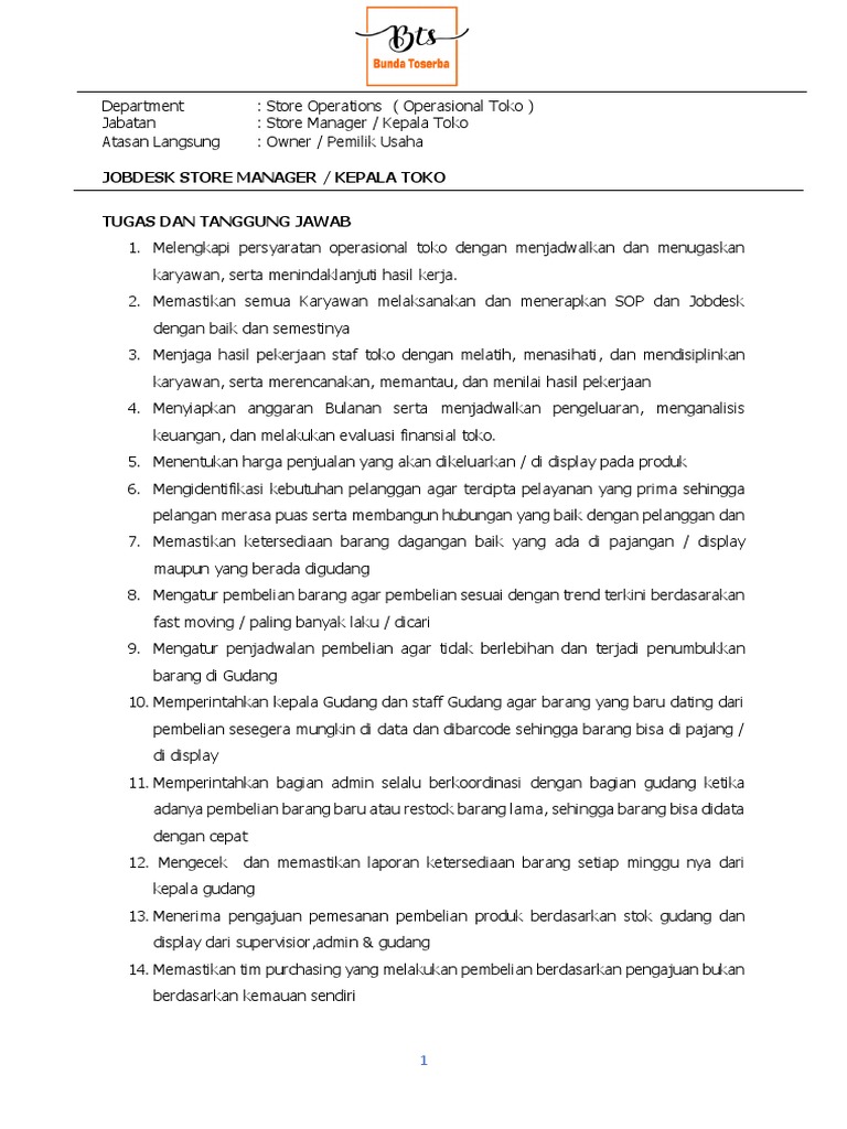 Sop Store Manager (Kepala Toko) | PDF