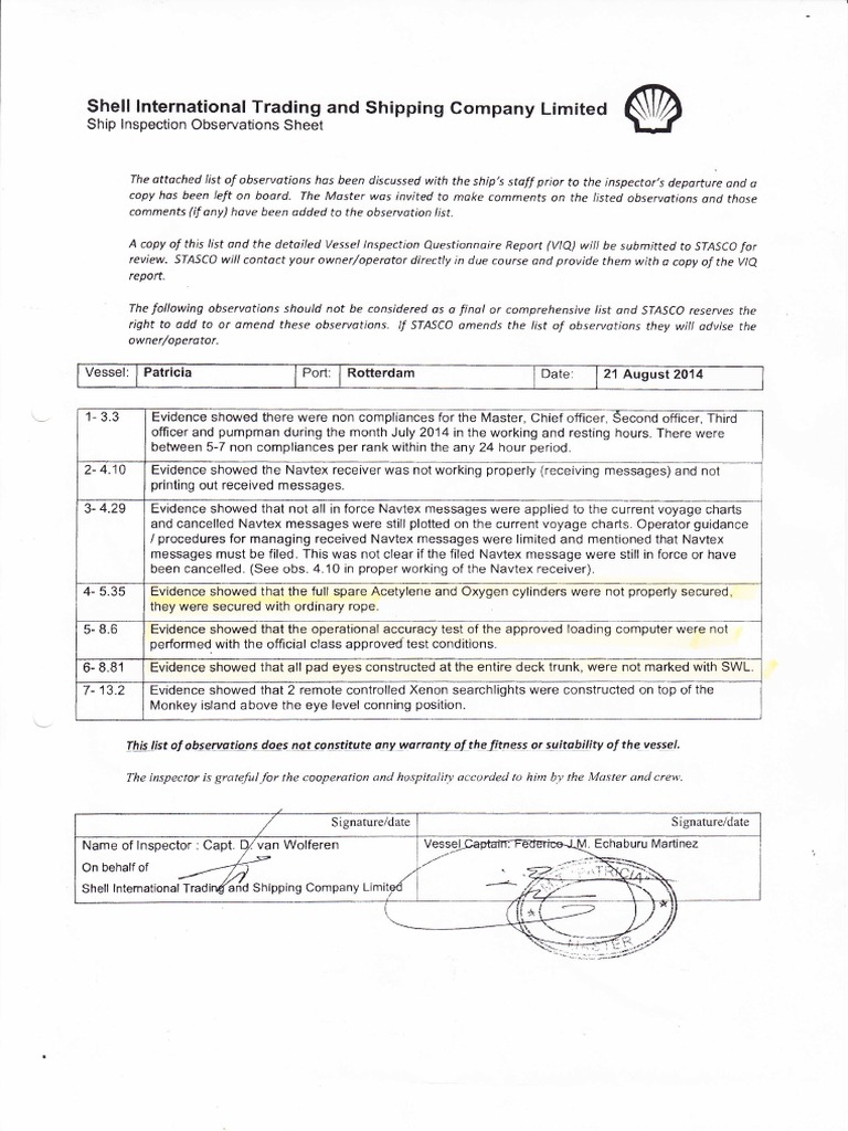 21.08.14 Shell Vetting Remarks | PDF | Water Transport | Ships