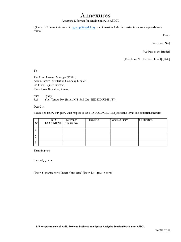 Annexures: RFP For Appointment of Ai/Ml Powered Business Intelligence Analytics Solution ...
