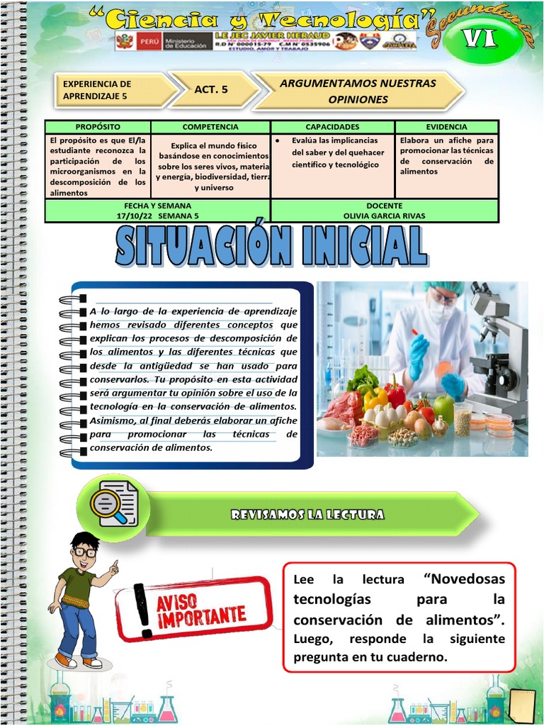 Ficha De Actvidad Semana 5 1 Y 2 Cyt PDF Alimentos