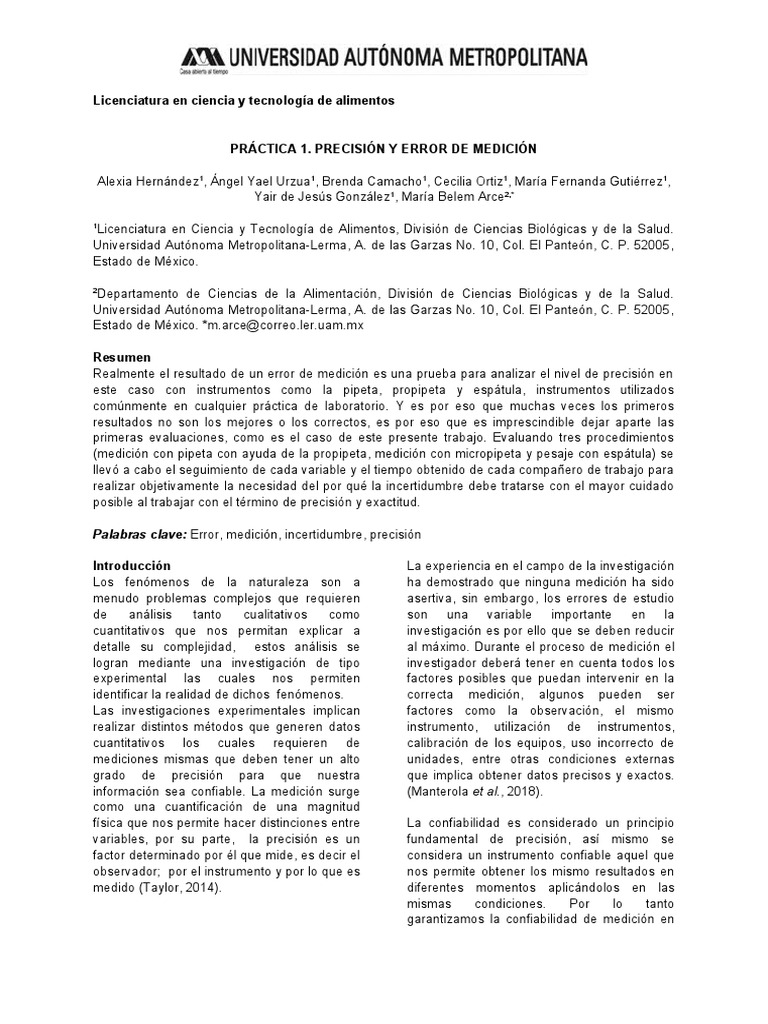 Reporte De La Práctica 1 Precisión Y Error De Medición Equipo 1 Pdf