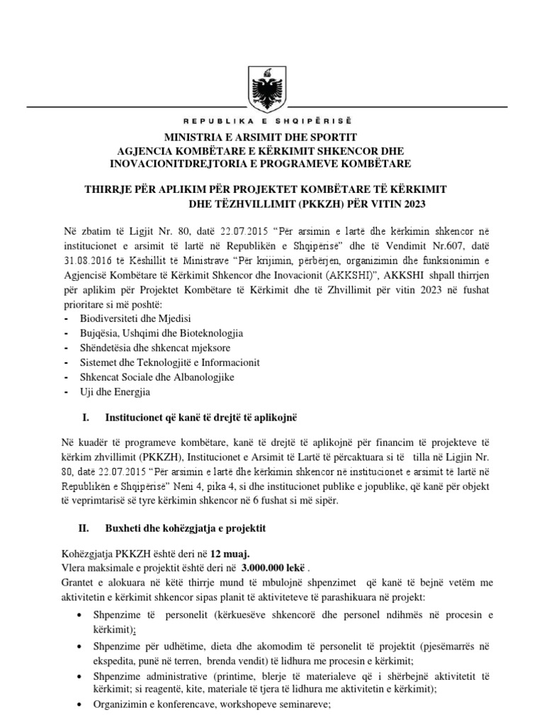 Thirrje Për Aplikim Për Projektet Kombëtare Të Kërkimit Dhe Të