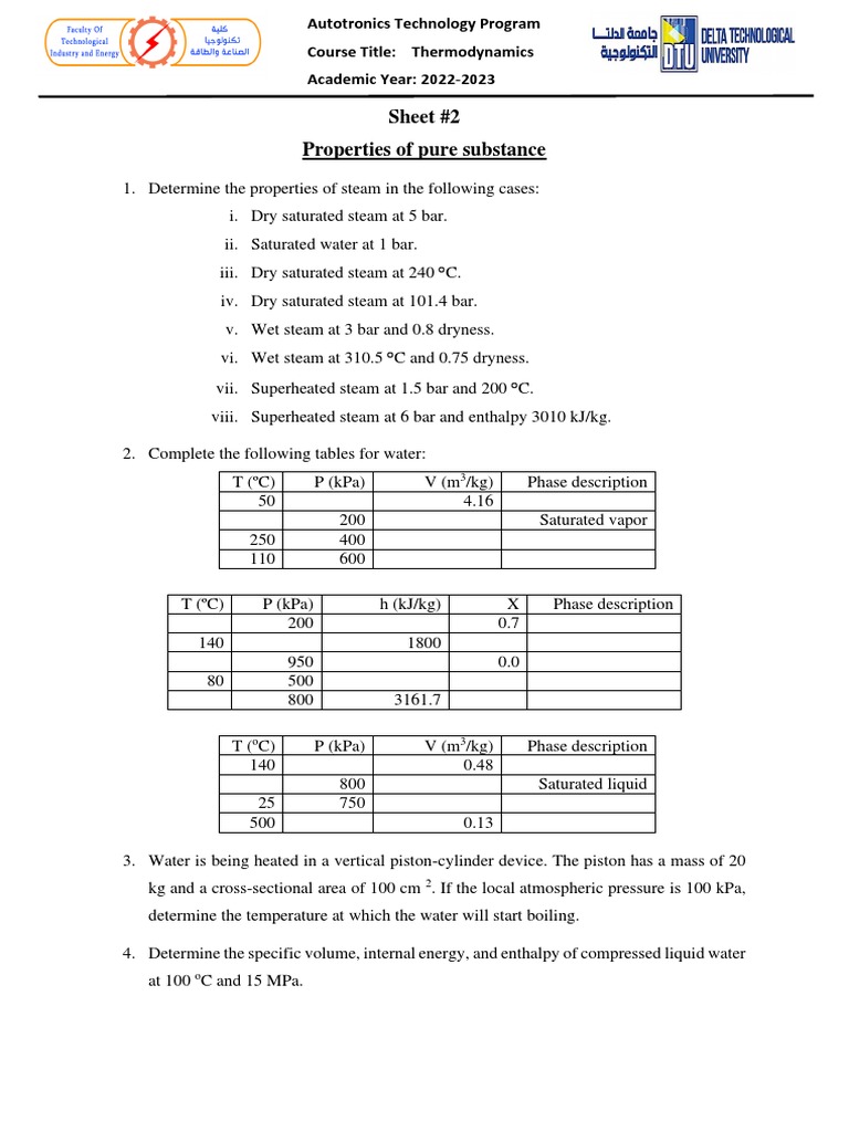 Sheet #2 | PDF | Steam | Enthalpy