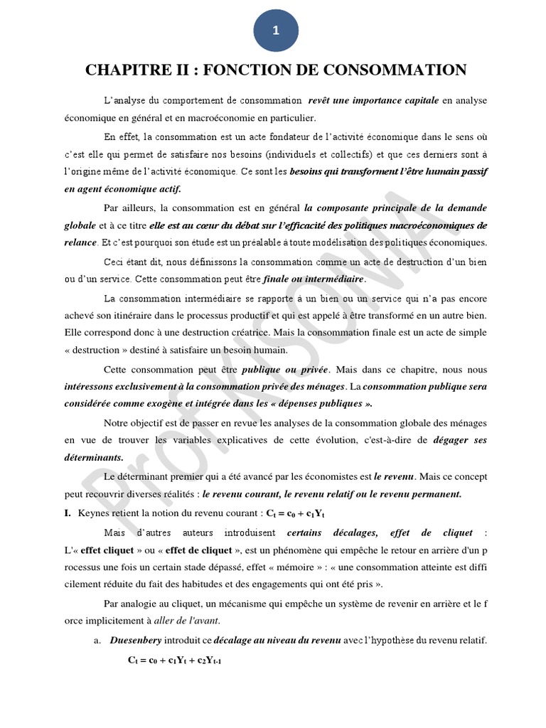 Chapitre Ii Fonction de Consommation | PDF | Consommation (Économie) | Keynésianisme