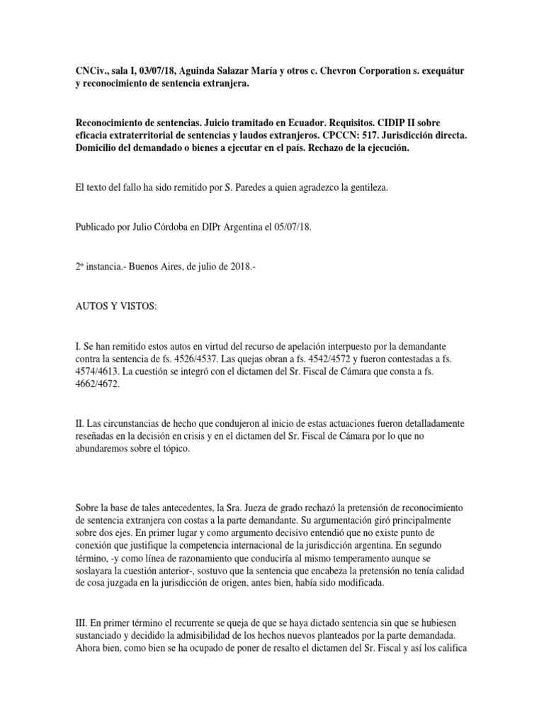 Aguinda Salazar María y Otros C Chevron Corporation CNCiv | PDF ...
